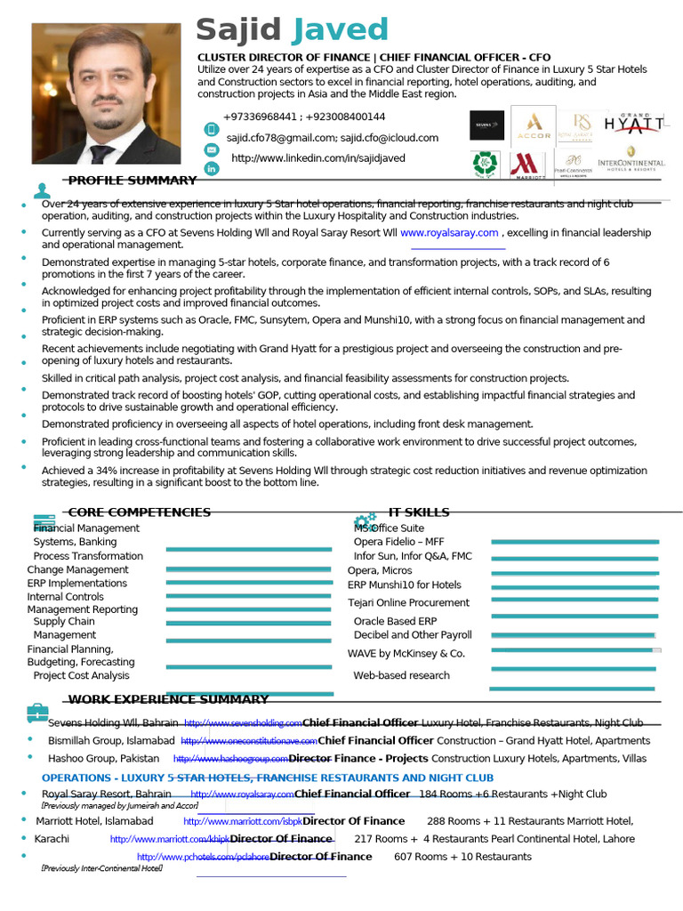 Sajid Javed-CFO & Cluster Director of Finance | PDF | Chief Financial Officer | Hotel
