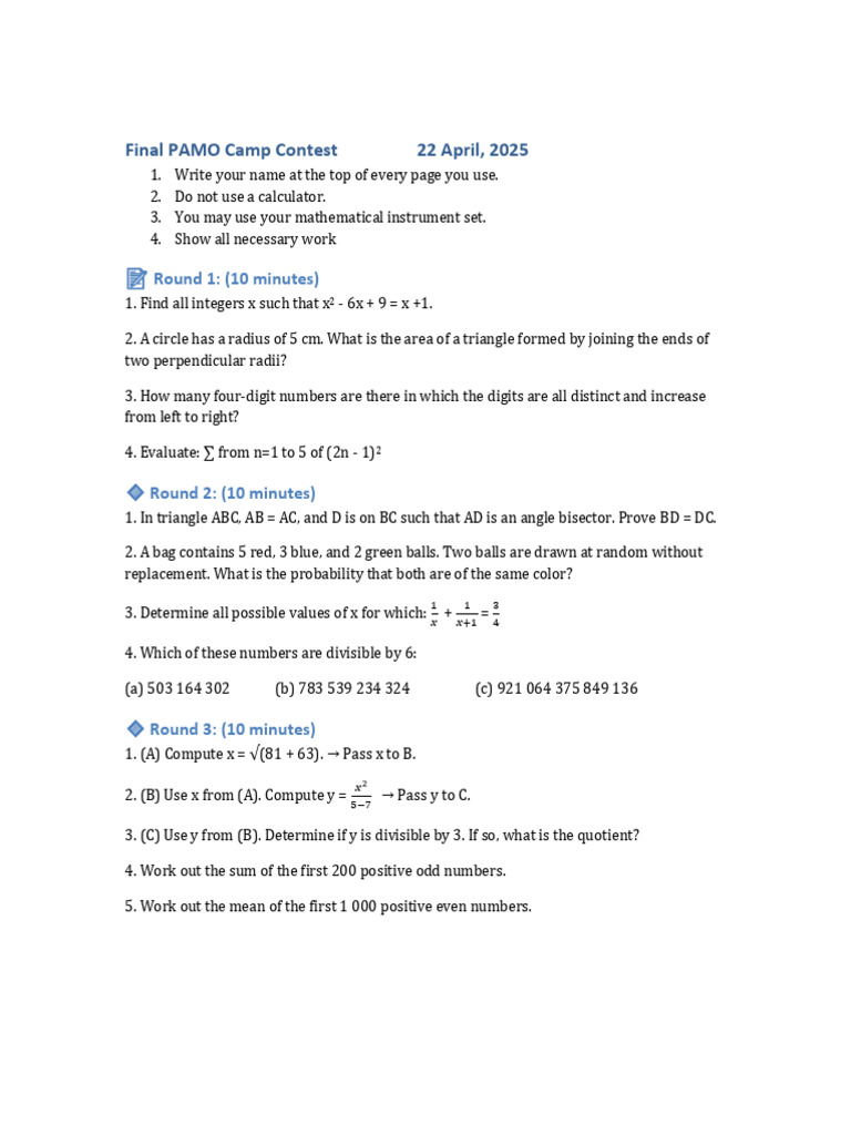 Final Mathematics Olympiad Contest | PDF