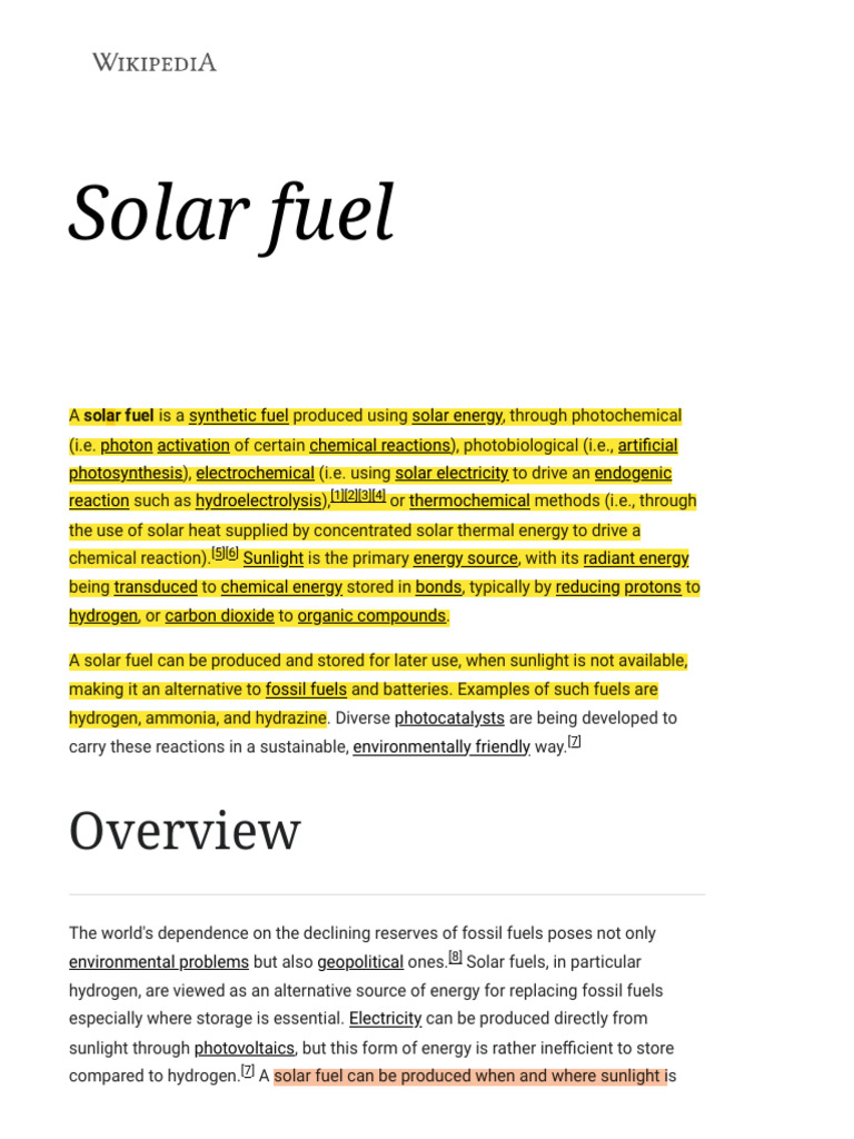 Solar Fuel - Wikipedia - Edited | PDF | Sustainable Energy ...