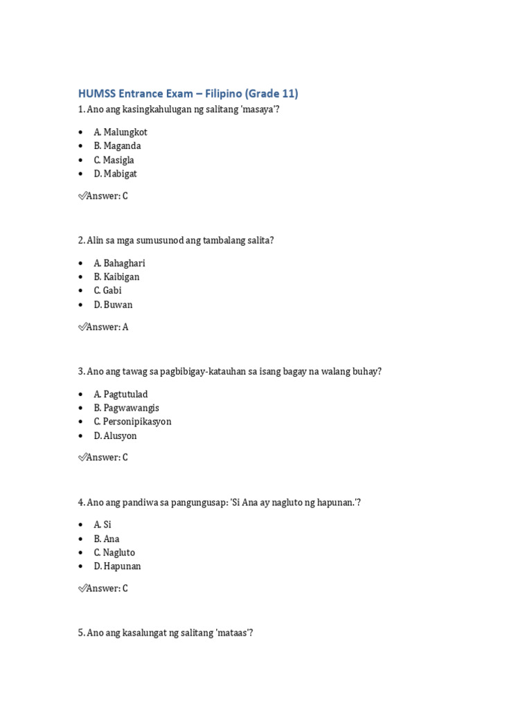 HUMSS Entrance Exam Filipino (1) | PDF