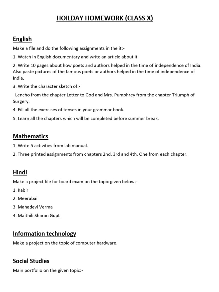 Hoilday Homework Class X | PDF