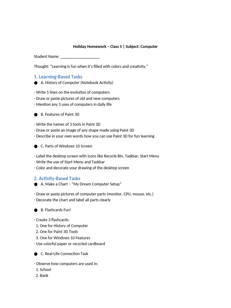 Class 5 Computer Holiday Homework | PDF