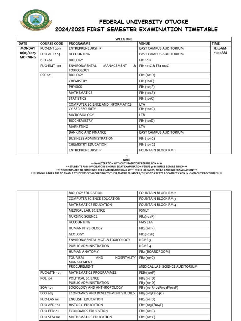2024-2025 First Semester Exam Timetable (Central) - 2 | PDF | Engineering | Science