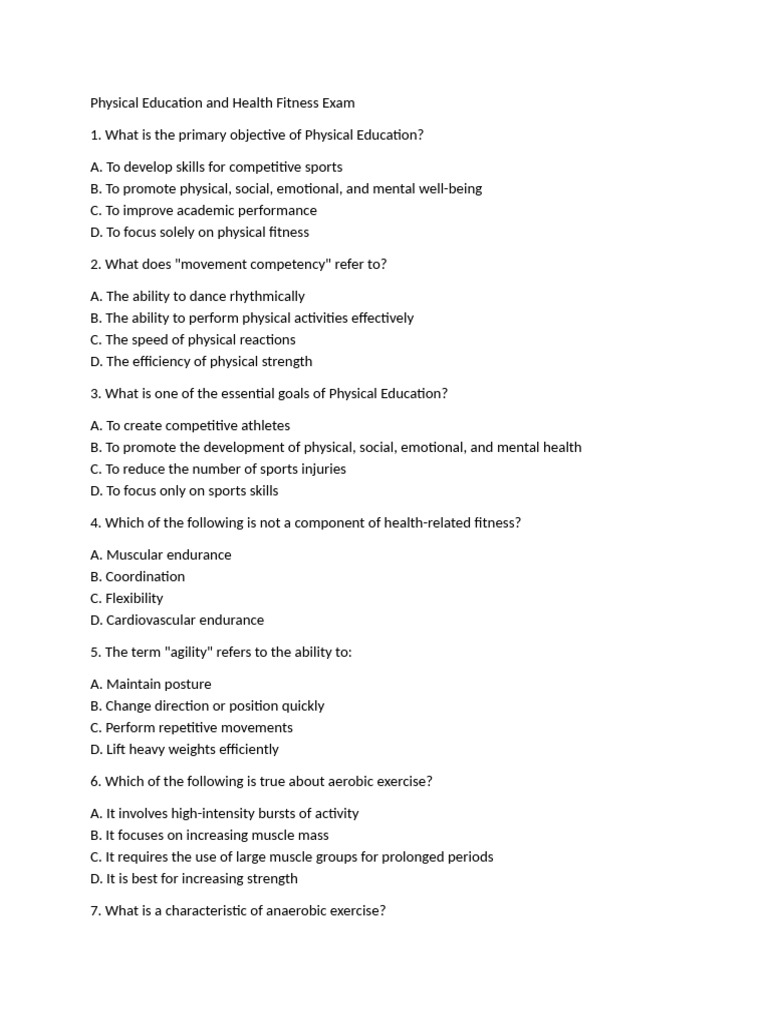Physical Education and Health Fitness Exam | PDF | Strength Training ...