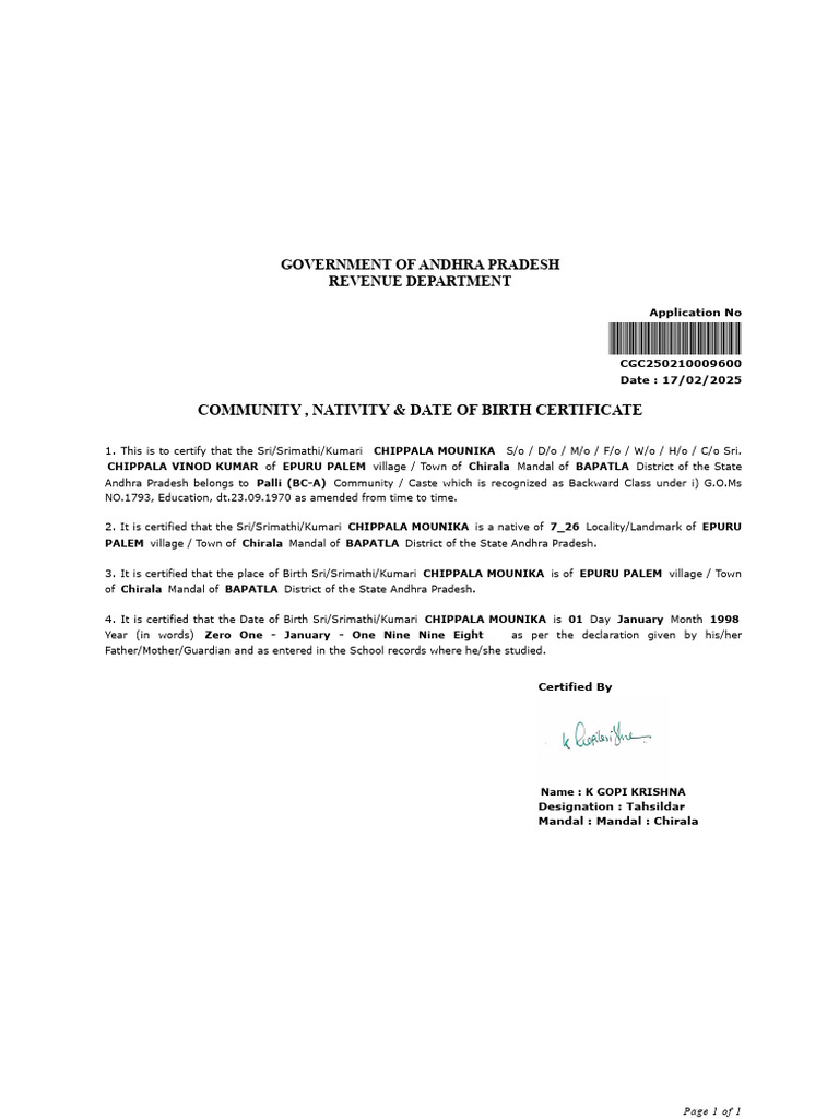 Mounica Caste Certificate | PDF