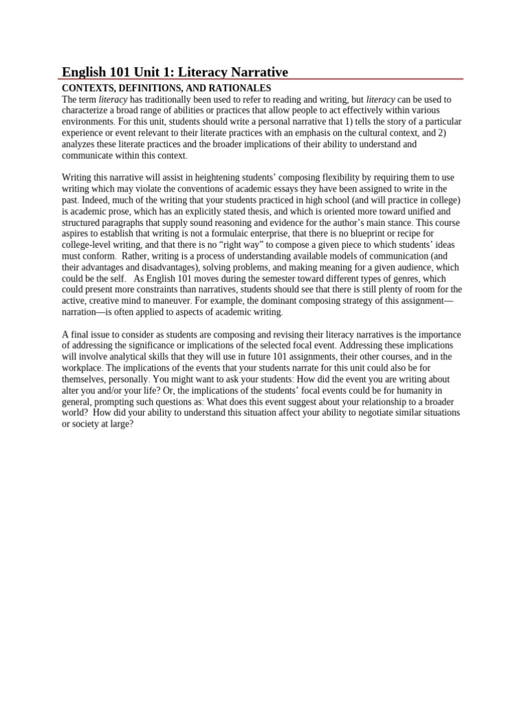 Unit1 Personal Narrative Context and Rationales | PDF | Narrative ...