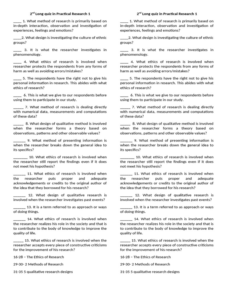 2nd Long Quiz in Practical Research 1 | PDF | Qualitative Research | Cognition