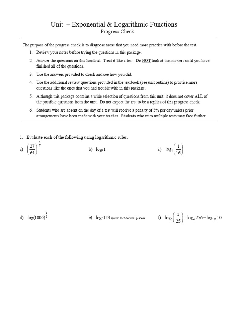 Unit Review _Exponential and Logarithm Functions | PDF | Logarithm | Ph