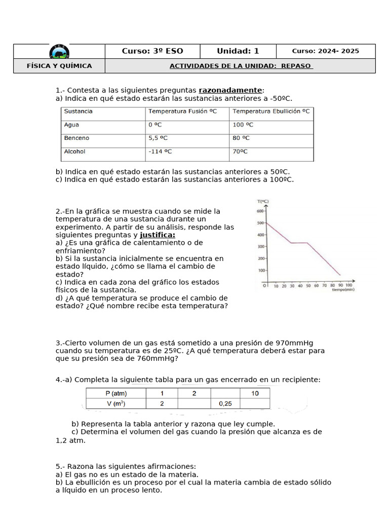 Actividades de Física y Química 3º ESO | PDF
