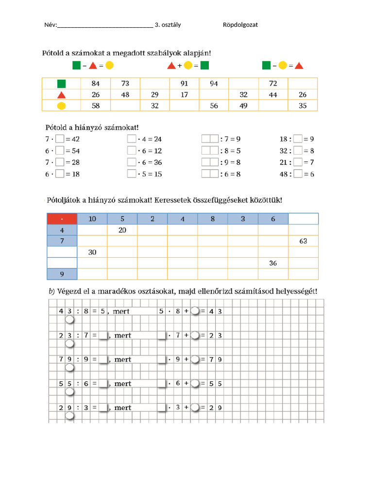 Röpdolgozat 1 Matek 3.o. | PDF