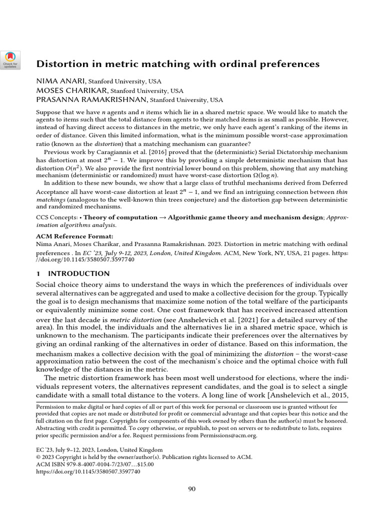 (Anari+) Distortion in Metric Matching With Ordinal Preferences | PDF | Theoretical Computer ...