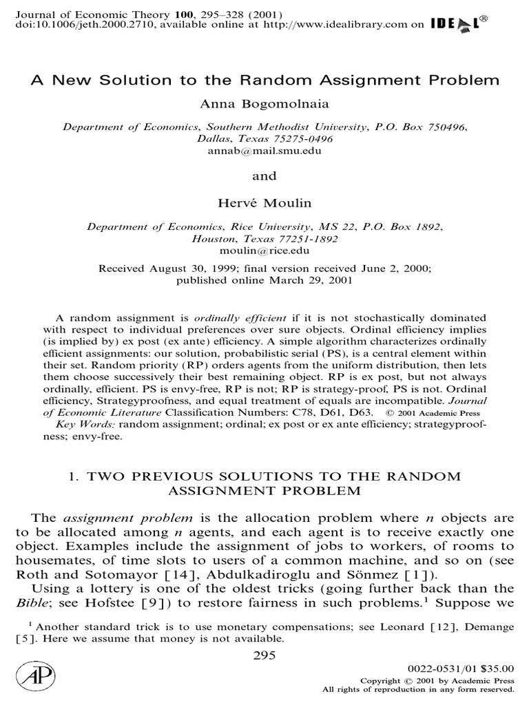 (Bogomolnaia, Moulin) A New Solution To The Random Assignment Problem | PDF | Matrix ...