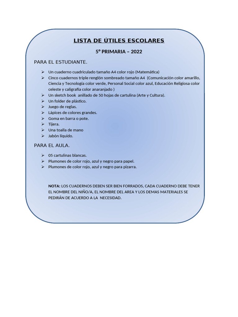 Lista de Utiles Escolares 2022 | PDF
