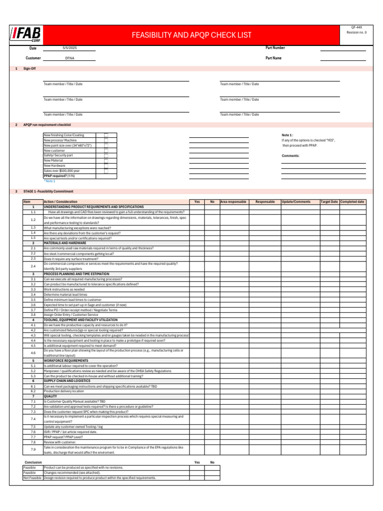 Feasibility and APQP Check List (Draft) | PDF | Specification ...