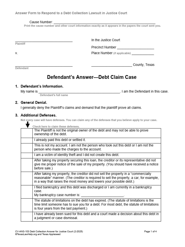 Debt Collection Lawsuit Response Form | PDF | Lawsuit | Justice