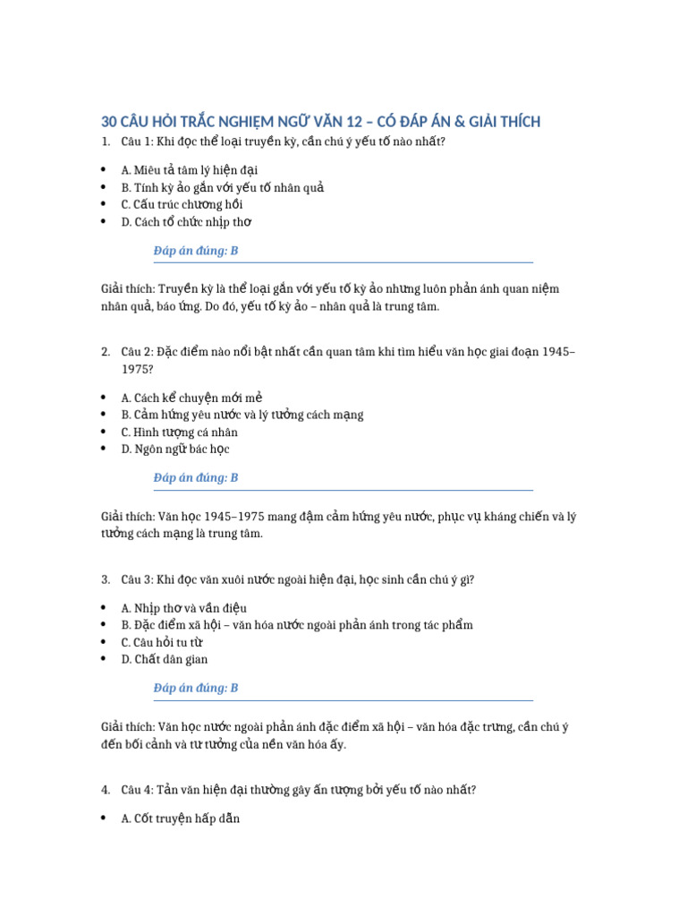 30 Cau Hoi Ngu Van Day Du | PDF