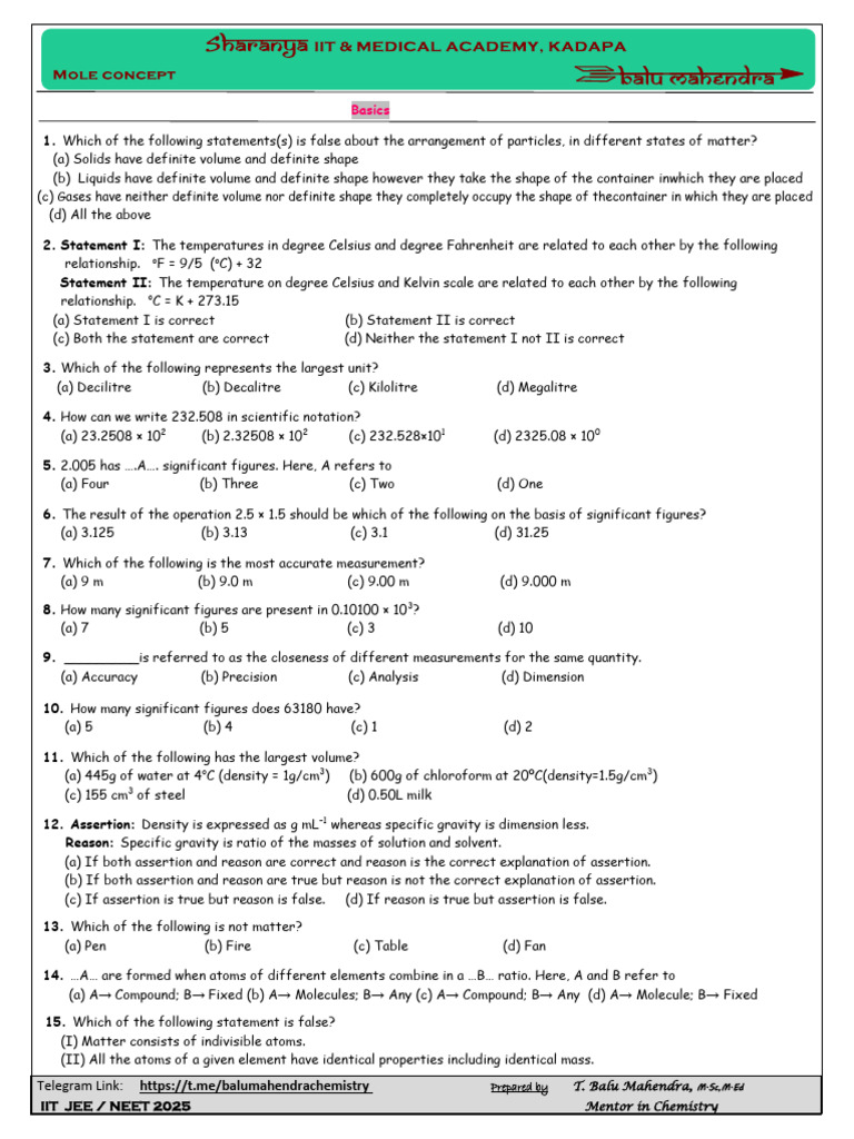Mole Concept - Basics DPP | PDF | Chemical Compounds | Temperature