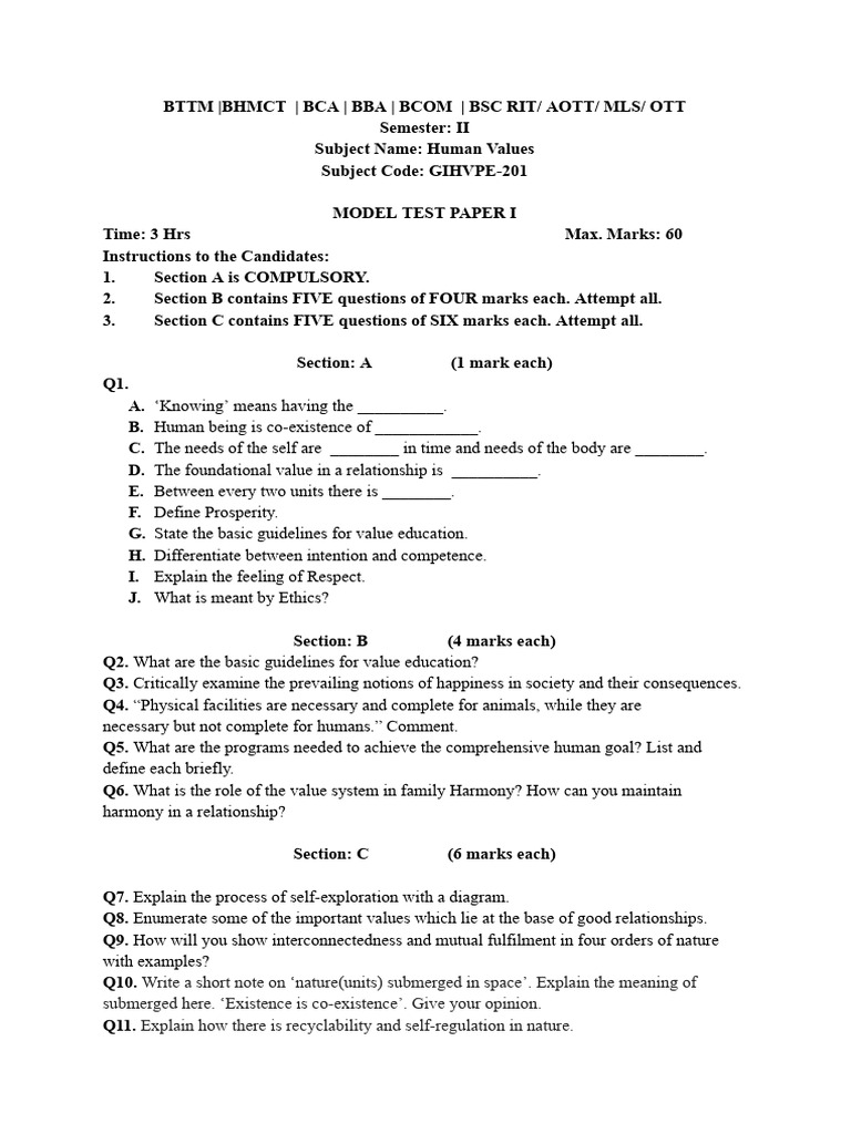 Human Values Model Test Papers | PDF
