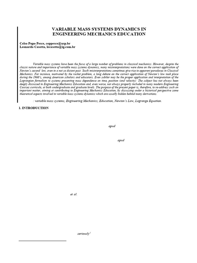 Variable Mass Systems Dynamics | PDF | Newton's Laws Of Motion | Classical Mechanics