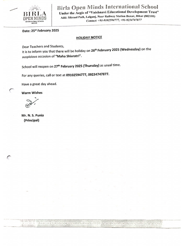 Maha Shivratri Holiday Notice | PDF