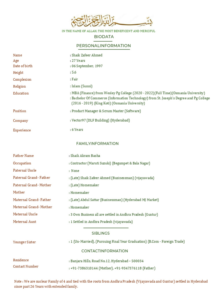 Shaik Zafeer Ahmed - Bio Data | PDF