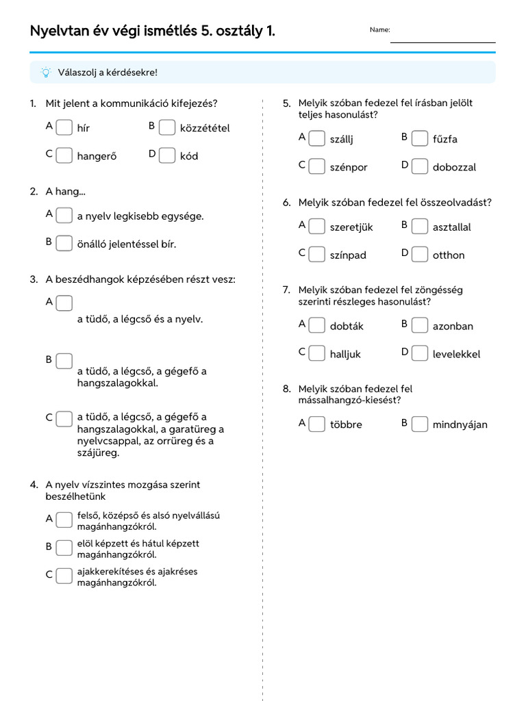 Nyelvtan Év Végi Ismétlés 5 Osztály 1 Quiz | PDF