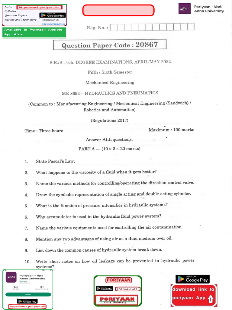 ME3492 Hydraulics and Pneumatics April May 2022 Question Paper | PDF ...