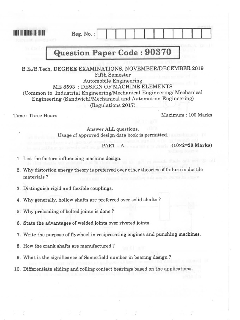 Design of Machine Elements - ME8593 2017 Regulation - Semester Question ...