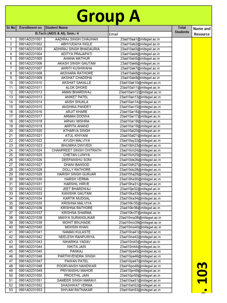 B.Tech AI & AM Student Enrollment List | PDF