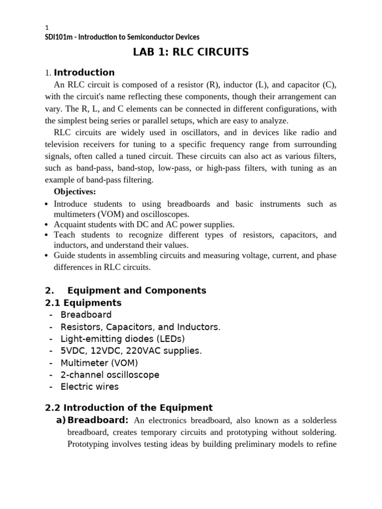 SDI101m LAB 1 RLC Circuits | PDF | Electrical Network | Capacitor