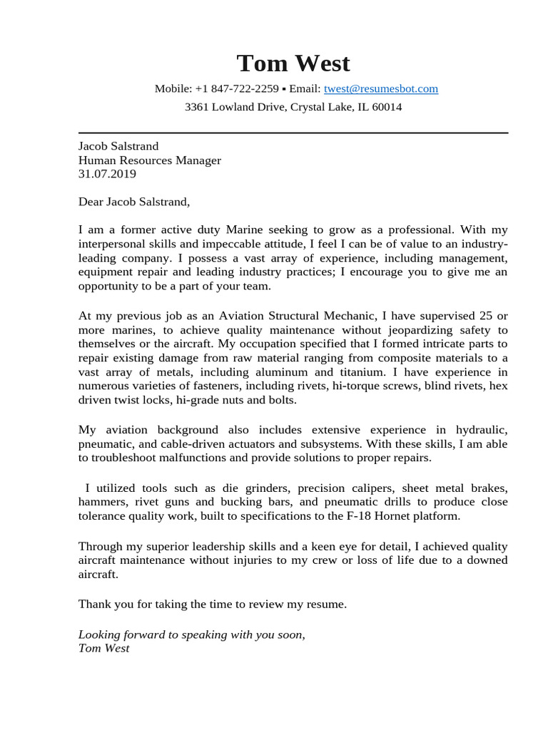 Aviation Cover Letter Example | PDF