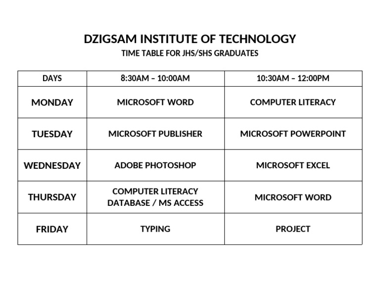 DZIGSAM Institute JHS/SHS Timetable | PDF