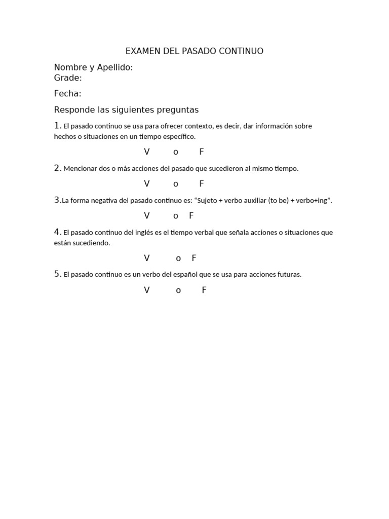 Examen Del Pasado Continuo | PDF