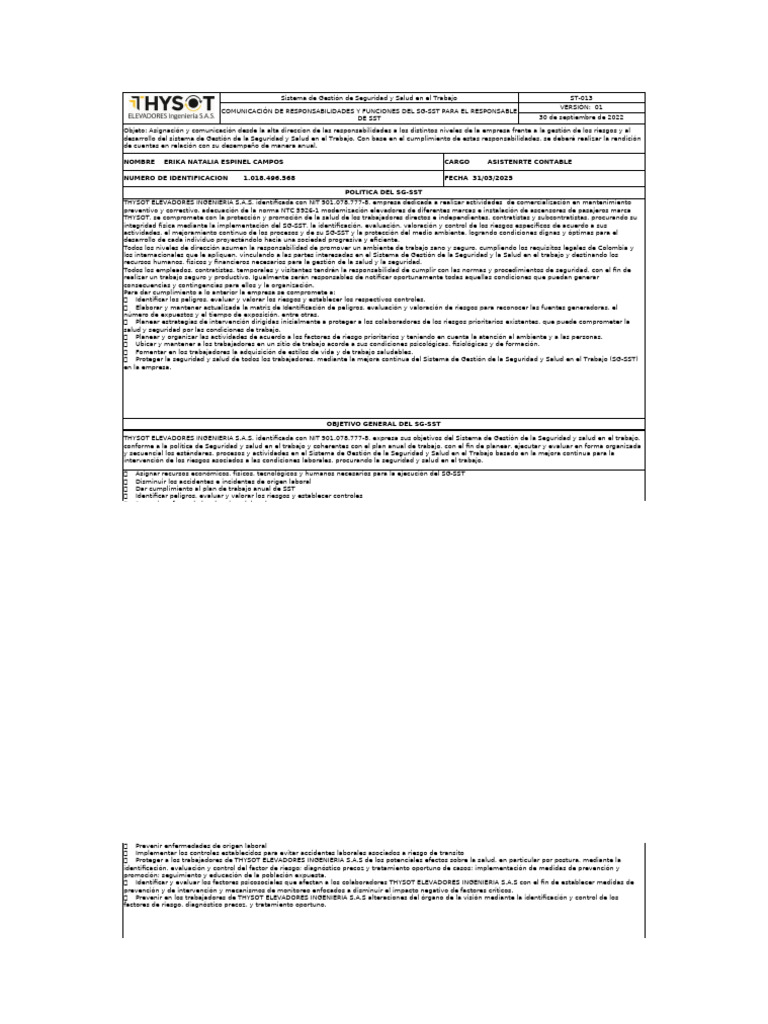 ST-013 Comunicación de Responsabilidades y Funciones Del SG-SST para El Responsable Del SG-SST ...