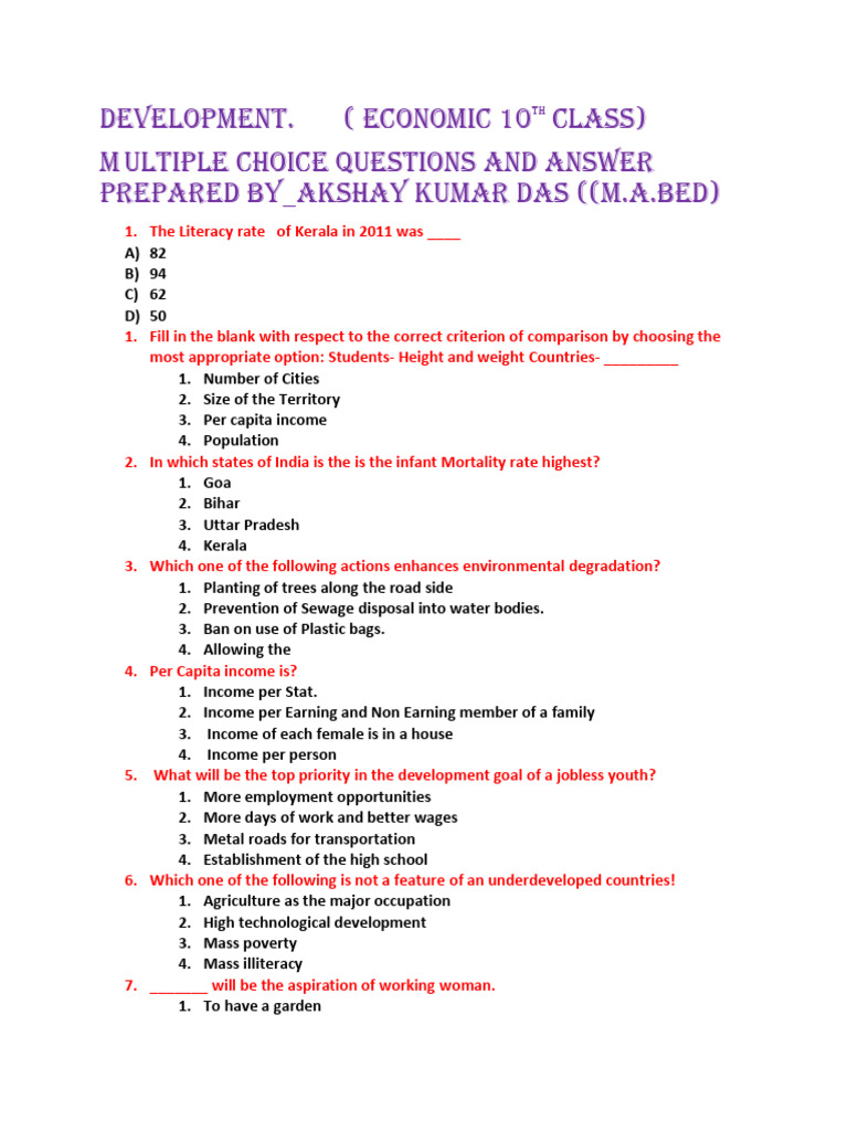 Cbse 10th Economic MCQ Development) | PDF | Human Development Index ...