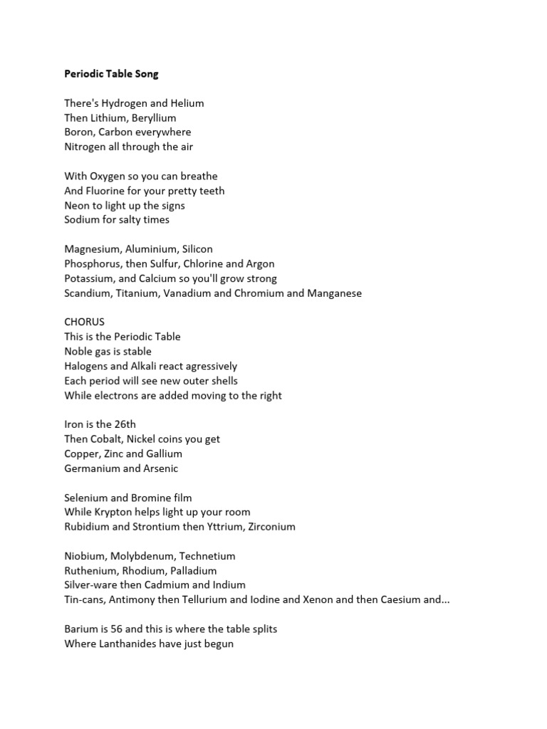 Periodic Table Song Lyrics | PDF
