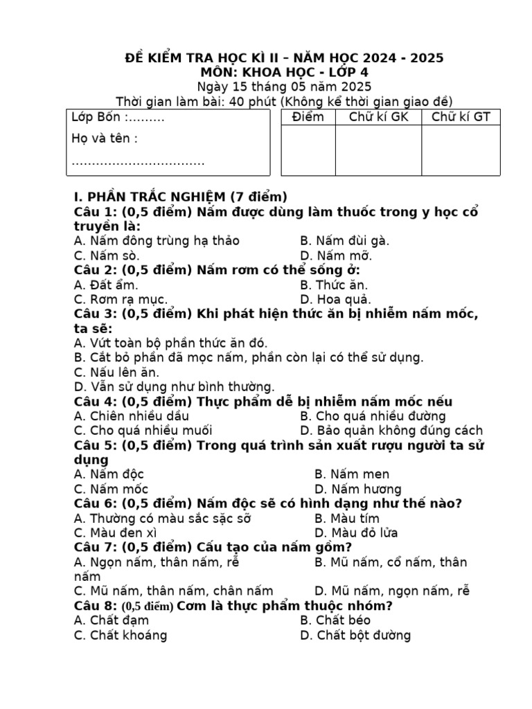 Đề Khoa Học HKII | PDF