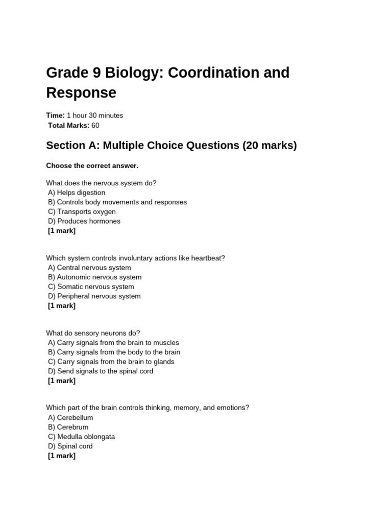 Grade 9 Biology: Nervous System Overview | PDF | Nervous System ...