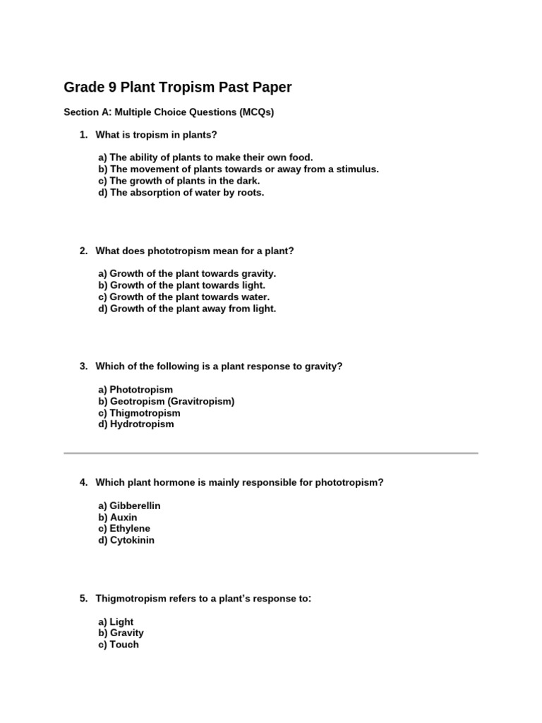 Grade 9 Plant Tropism Past Paper | PDF