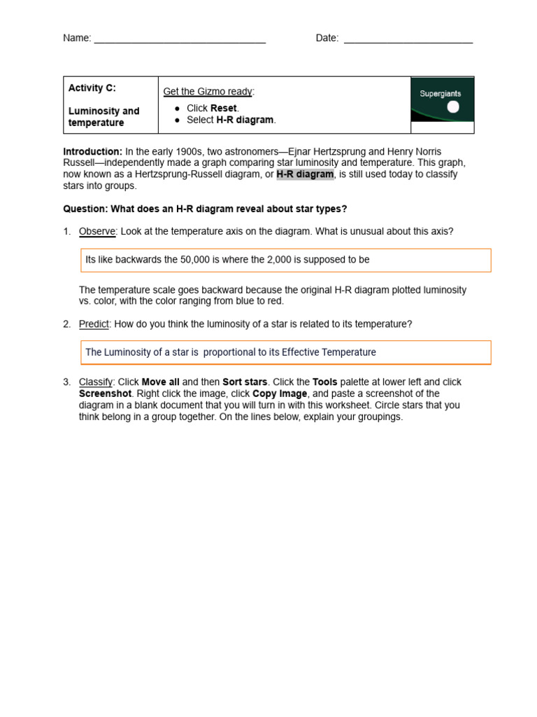 H-R Diagram Activity and Star Classification | PDF | Stars ...