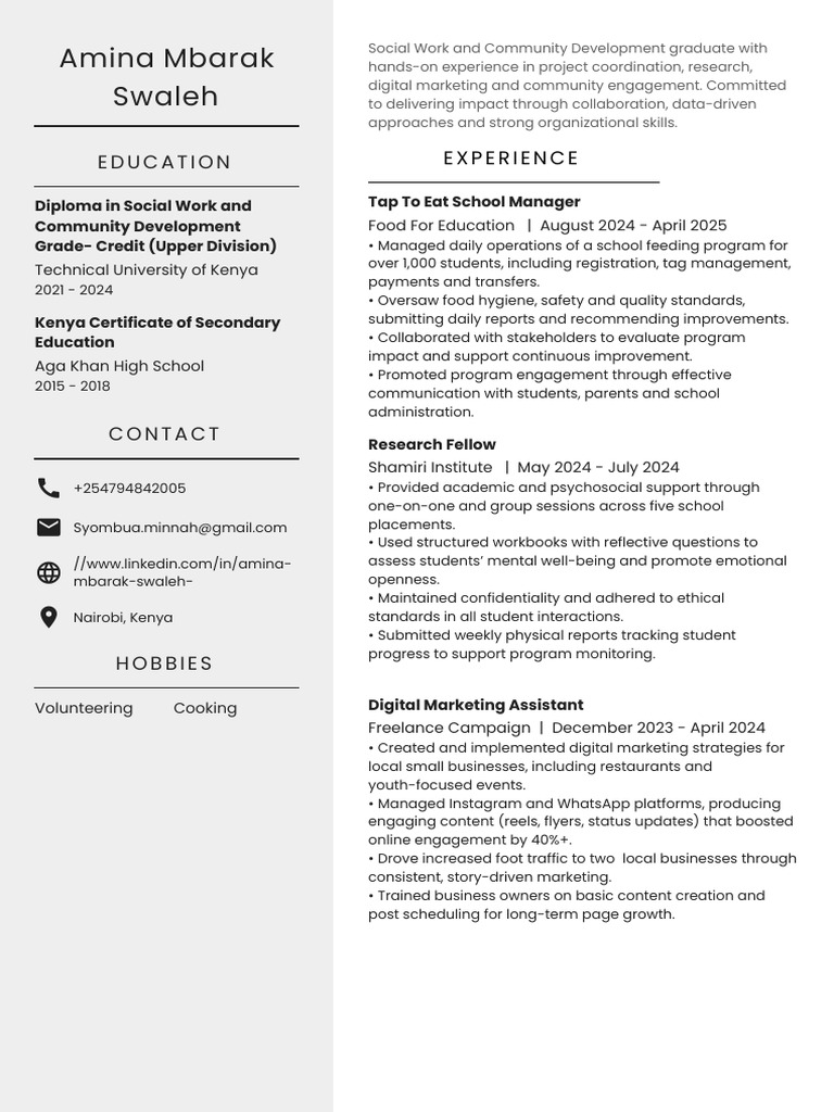 Amina Mbarak Swaleh CV | PDF | Business