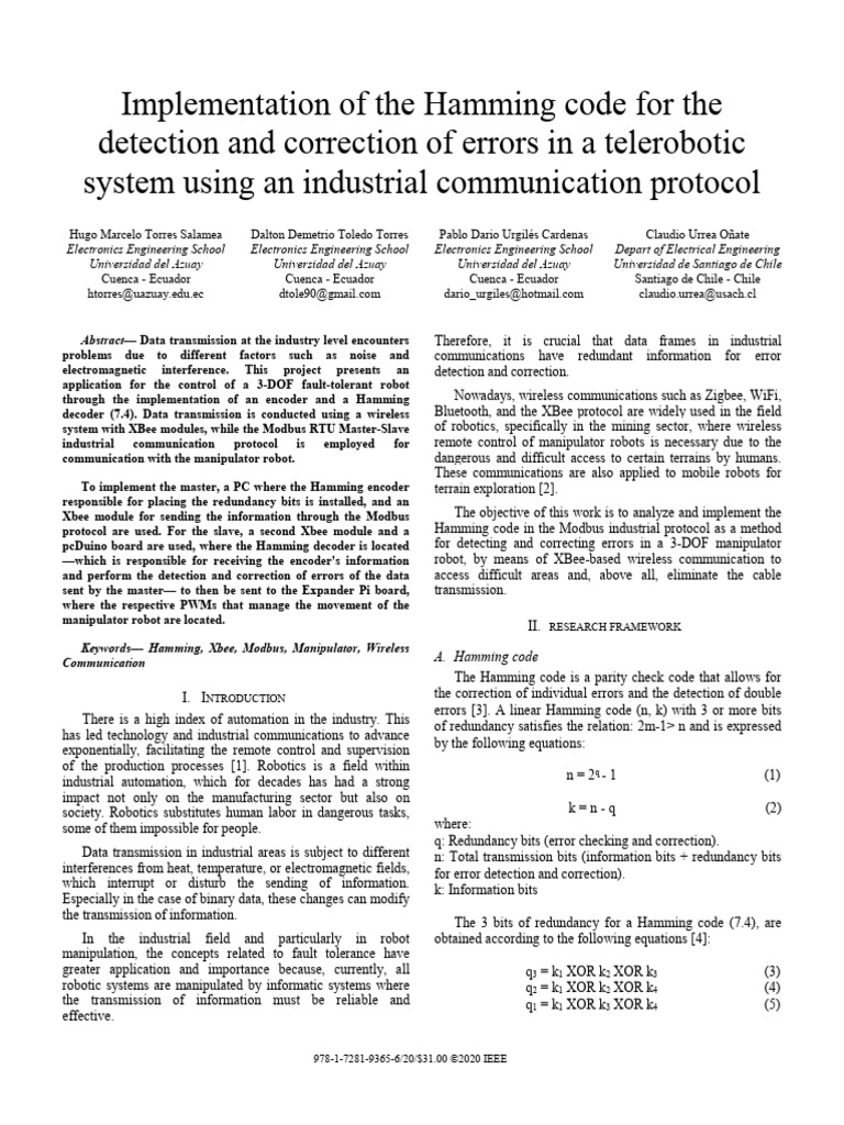 Implementation of the Hamming Code for the Detection and Correction of Errors in a Telerobotic ...