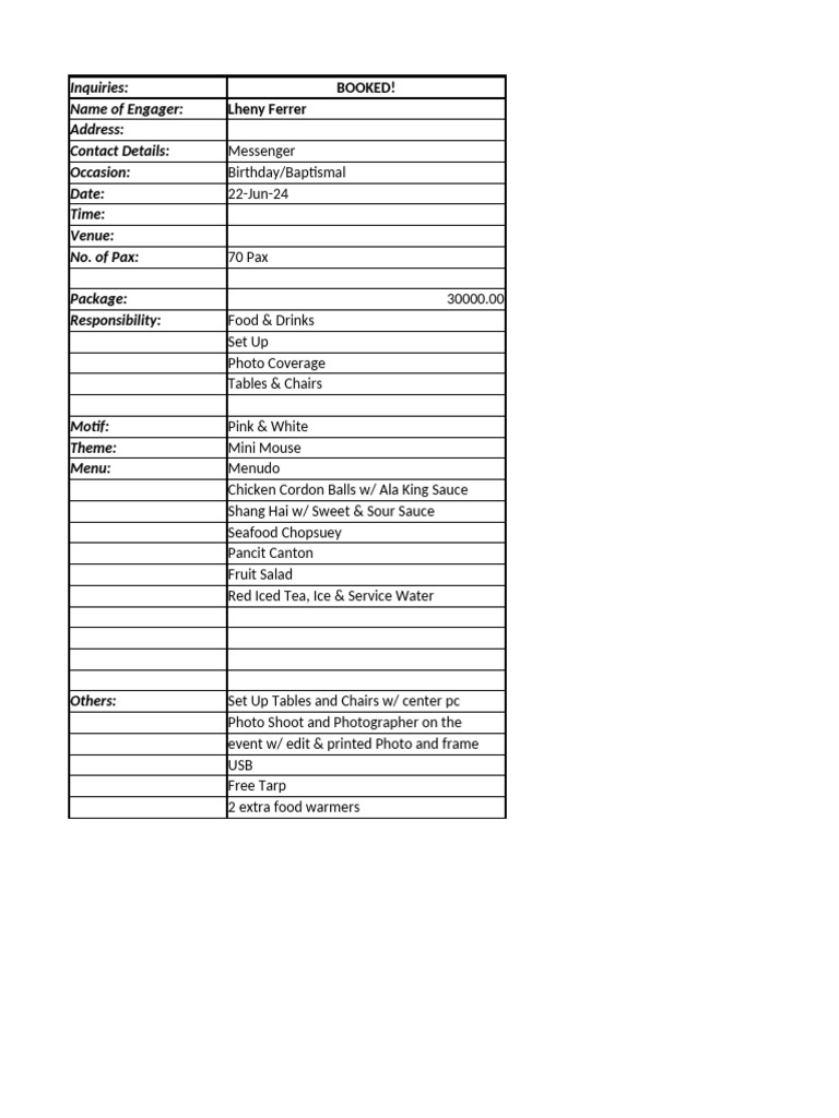 Event Booking Inquiries Summary | PDF