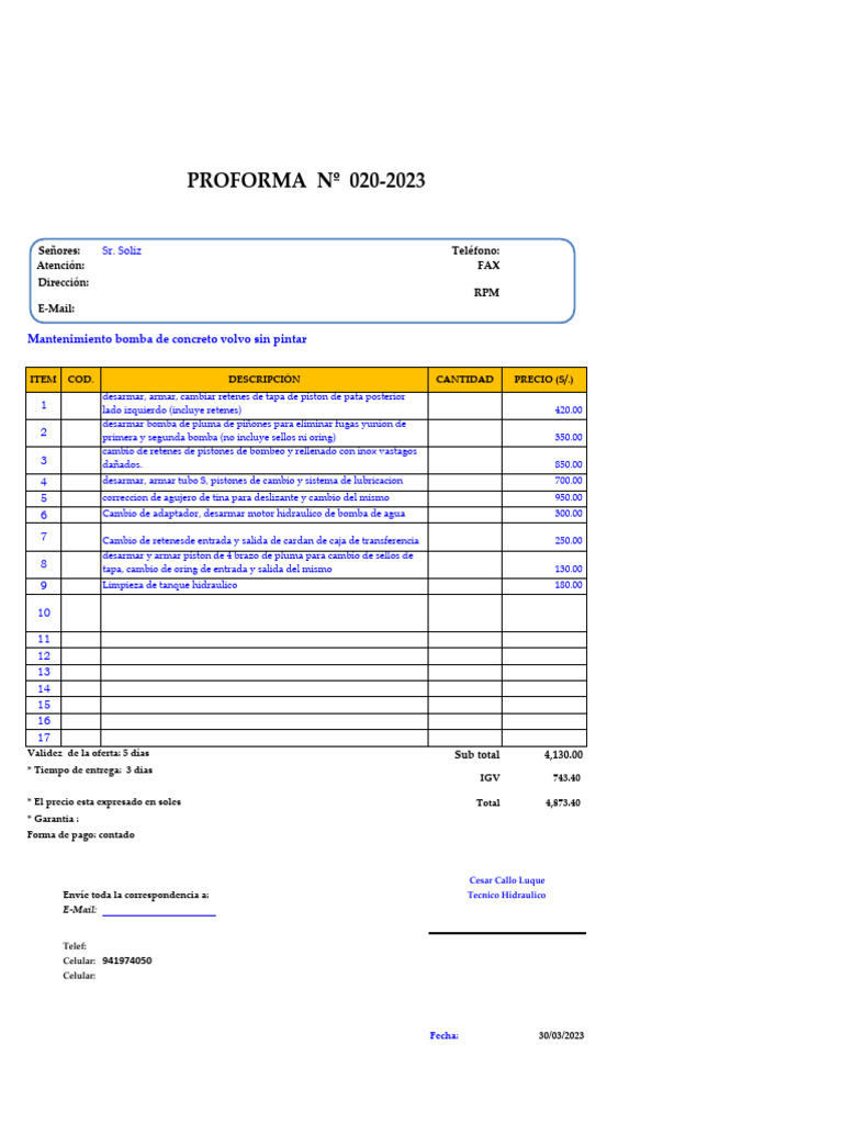 Proforma Mantenimiento Bomba Concreto Volvo | PDF | Ingeniería mecánica
