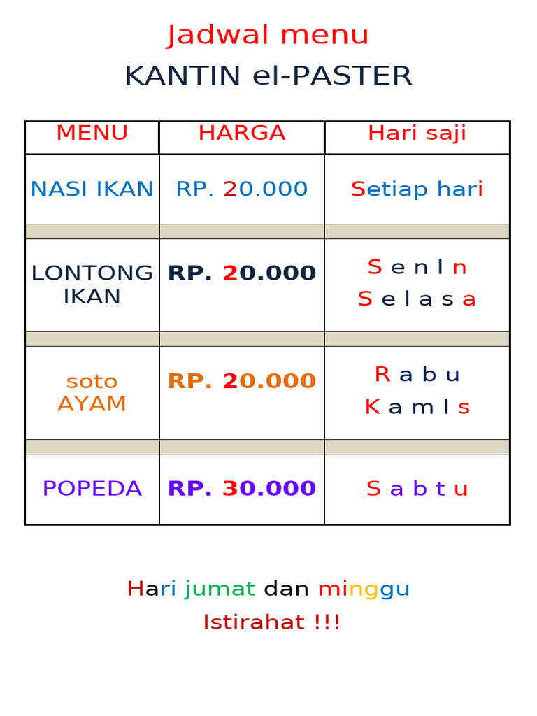 Jadwal Menu Kantin Elpaster | PDF