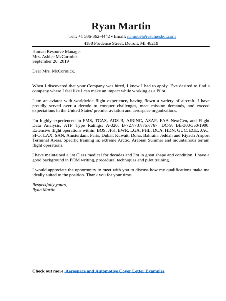Pilot Cover Letter Example by Ryan Martin | PDF