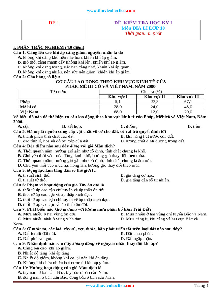 10 de Thi Dia Li 10 HK1 Co Dap An | PDF