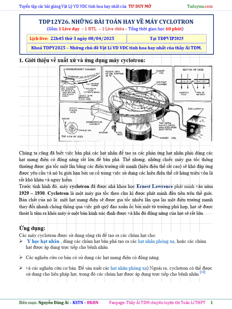 TDP12Y26 - FCD - NHỮNG BÀI TOÁN HAY VỀ MÁY GIA TỐC CYCLOTRON | PDF