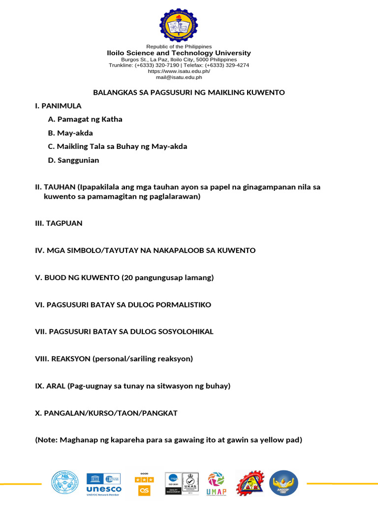 Pormat Sa Pagsusuri NG Maikling Kuwento | PDF