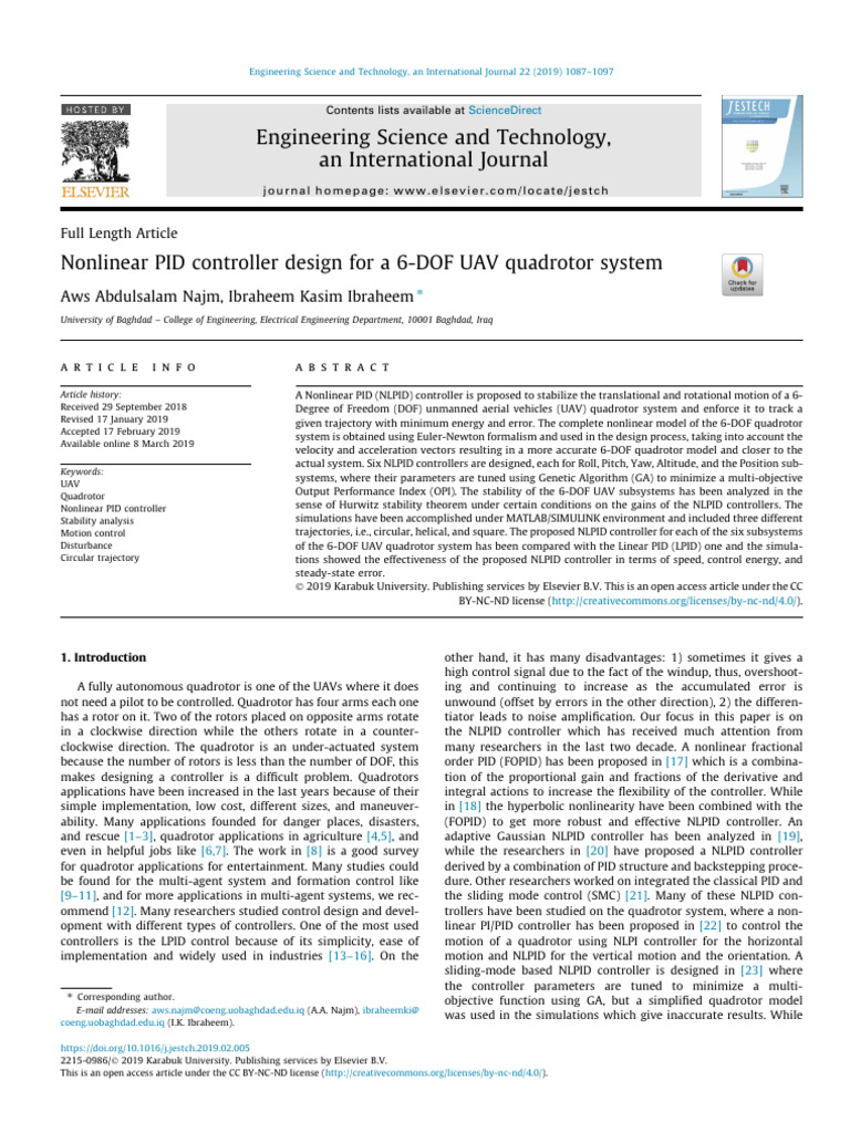 Nonlinear PID Controller Design for a 6-DOF UAV Quadrotor System | PDF | Control Theory | Quadcopter